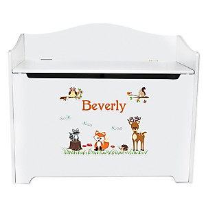My Bambino Personalized Toy Box Bench Woodland Forest Animals White Wooden Toy Bin with lid - Chest for Toys Storage and added Nursery Playroom Bedroom Decor Seat Organizer