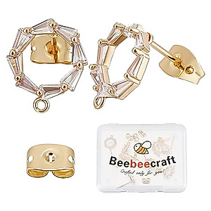 Beebeecraft 1 Box 20Pcs Circle Stud Earring 18K Gold Plated Cubic Zirconia Horizontal Loops Studs Posts Accessories with Friction Ear Nuts for Women Earring Making Supplies
