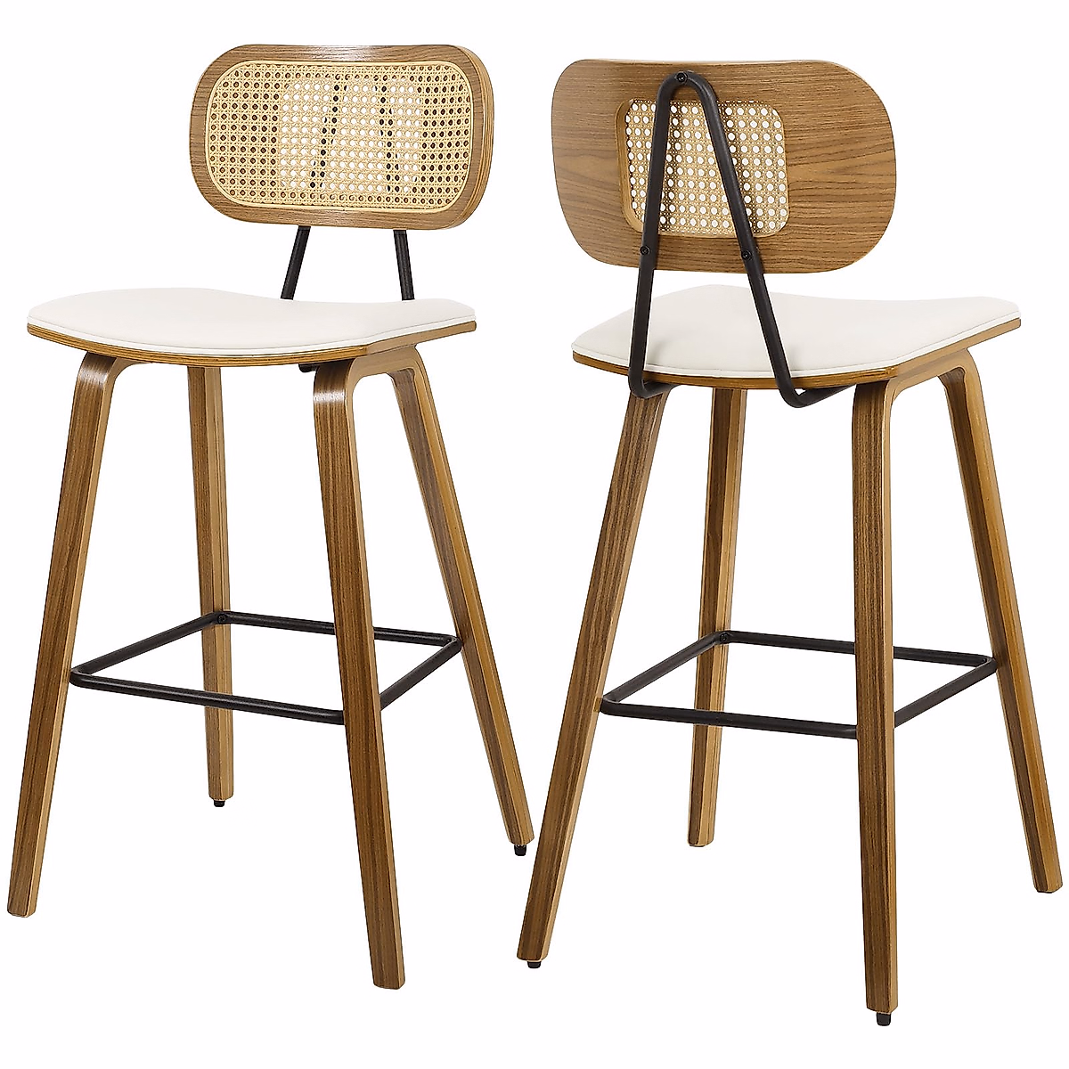 Counter Height Bar Stools Set of 2, Mid Century Modern Counter Stools, 26" Wood Kitchen Stool PU Leather Upholstered Barstool with Rattan Back, Counter Height Island Dining Bar Chair, Cream White