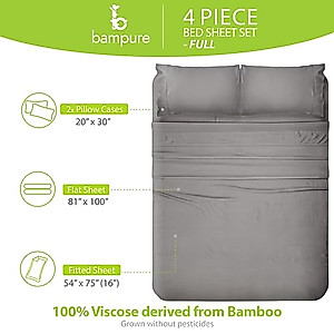 BAMPURE 4Pcs - 100% Viscose Derived from Bamboo Sheets Full Size Sheets Set - Super Soft Viscose Bamboo Cooling Sheets for Hot Sleepers - Up to 16’’ Deep Pocket - Luxury Series Full Sheet Set (S Gray)