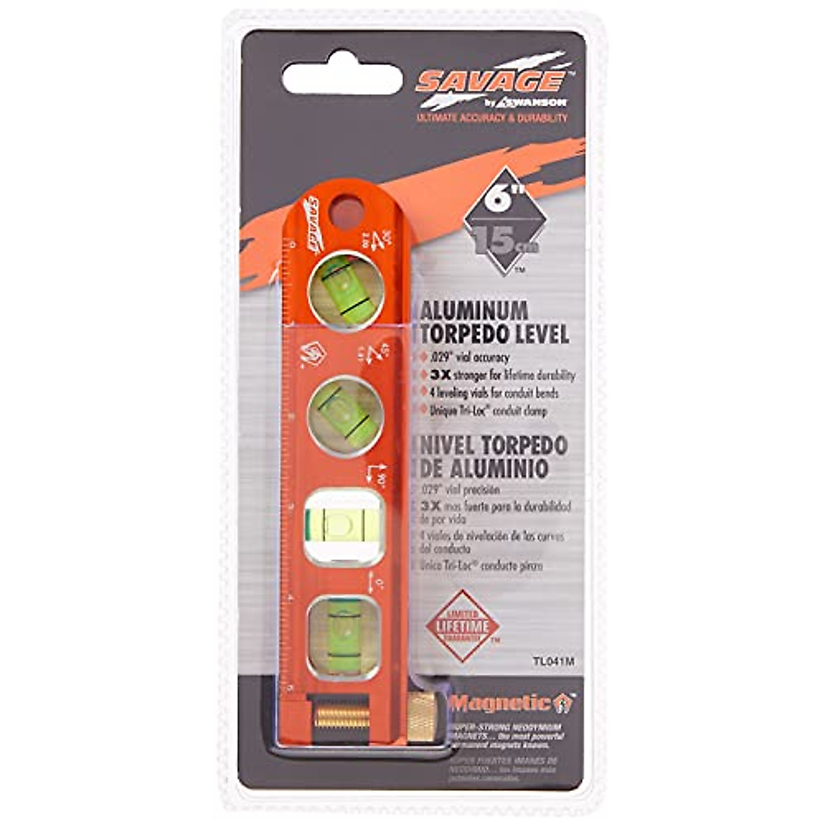 Swanson Tool Co TL041M 6 Inch Savage Magnetic Billet Torpedo Level with Brass Pipe Clamp, 6 Inches and 15 Centimeters Orange