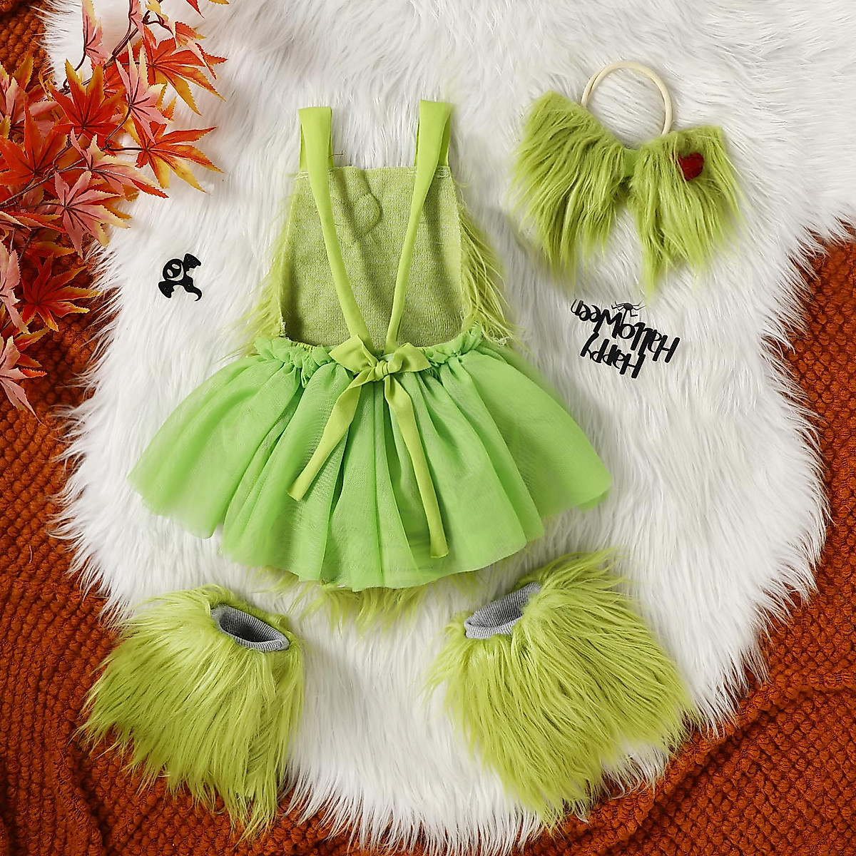 Toddler Baby Girl Christmas Heart Faux Green Fur Costume Tulle Tutu Romper Dress with Green Fuzzy Fur Leg Warmers Socks Green Headband Princess Party Xmas Holiday Outfit Clothes Green Red 4PCS 12-18 Months