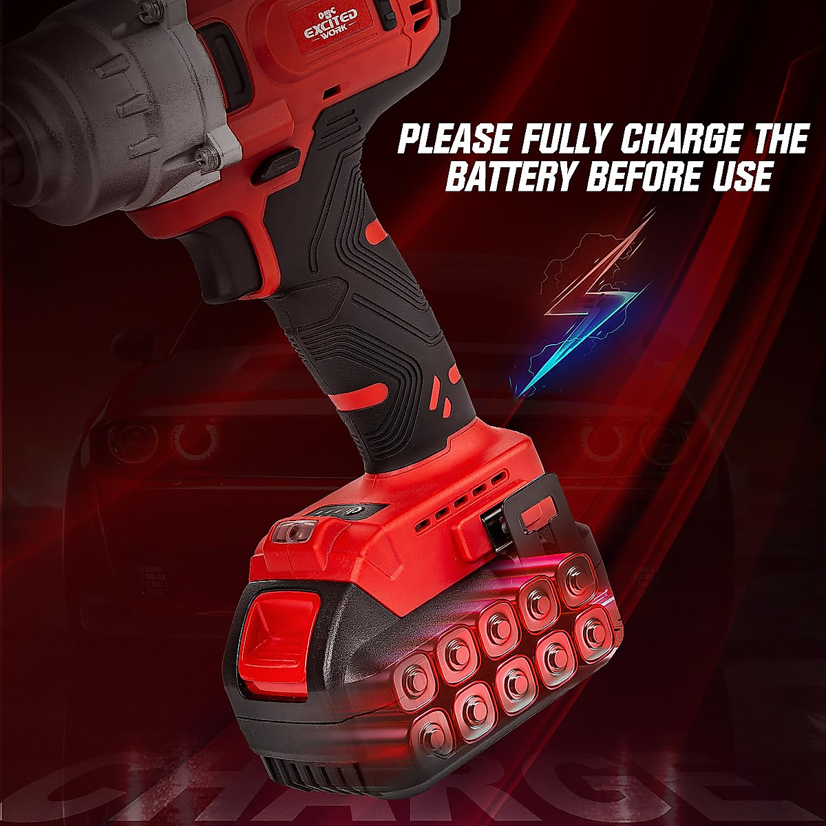 Excited Work 20V Brushless Impact Wrench with 1/2inch 4 Pcs Impact Wrench Socket Set，370 Ft-lbs(500Nm) High Torque，4.0Ah Li-ion Battery Tire Nut Removal Cordless Power Tool