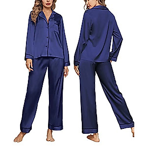 DUWMCON Button Up Pajama Set for Women Silk Satin Long Sleeve Top and Pajama Pants Sleepwear Soft Pjs Lounge Sets Navy Blue XL