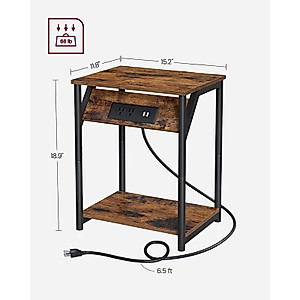 VASAGLE Side Table with Charging Station, End Table with USB Ports and Outlets, Nightstand for Living Room, Bedroom, Plug-in Series, Rustic Brown and Black ULET371B01