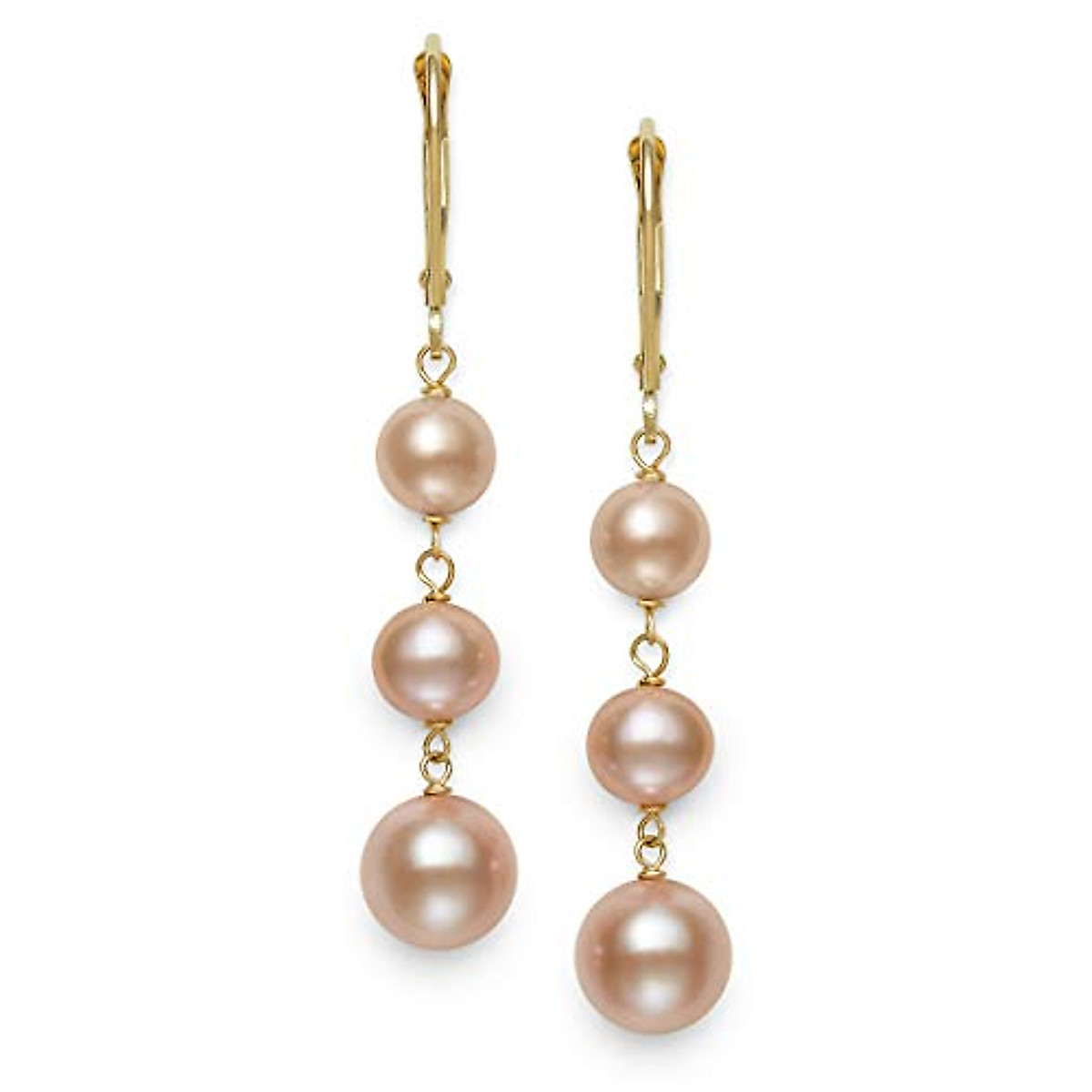 14k Yellow Gold Pink Cultured Freshwater Pearl Trio Dangle Drop Earrings