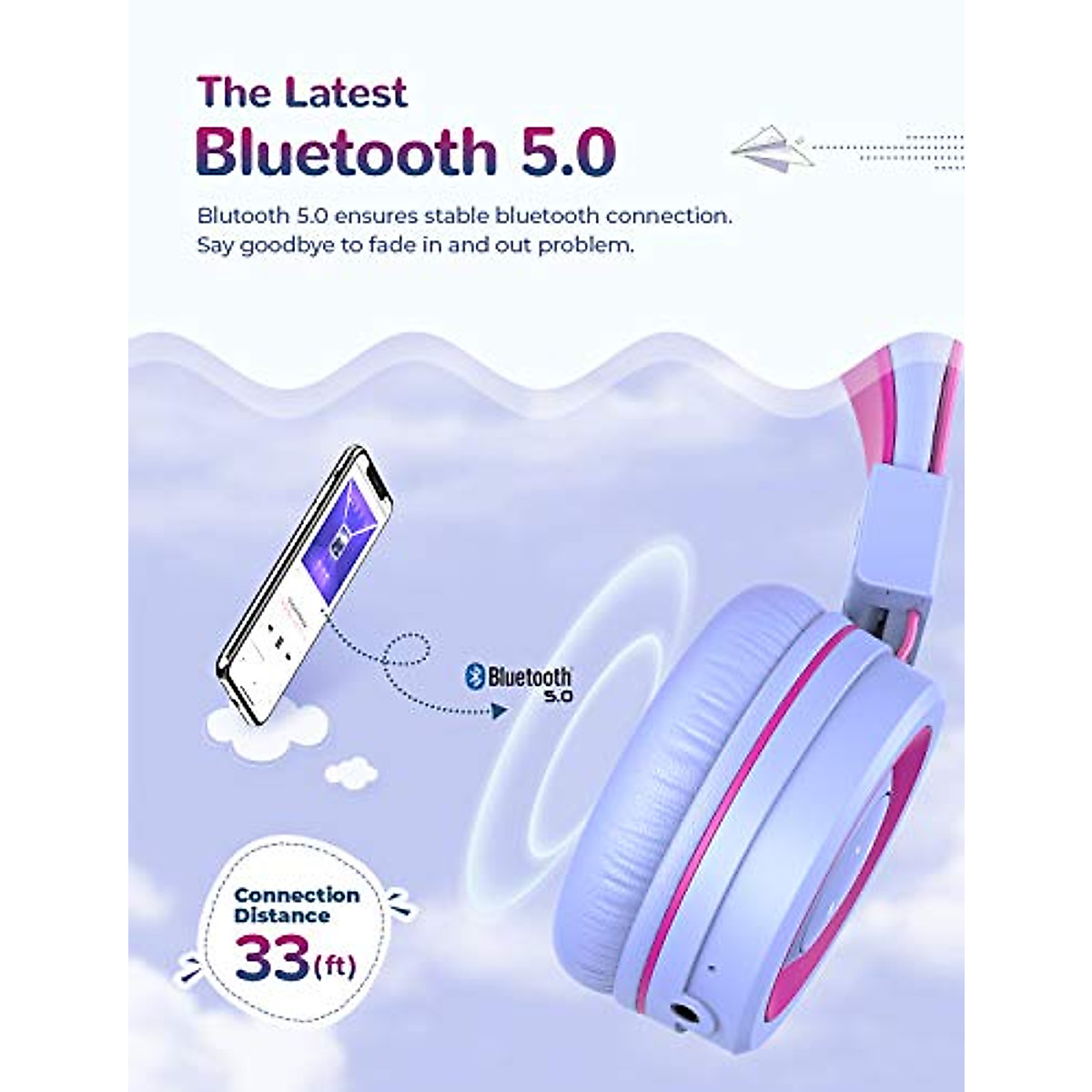 iClever BTH02 Kids Headphones, Kids Wireless Headphones with MIC, 22H Playtime, Bluetooth 5.0 & Stereo Sound, Foldable, Adjustable Headband, Childrens Headphones for iPad Tablet Home School, Purple