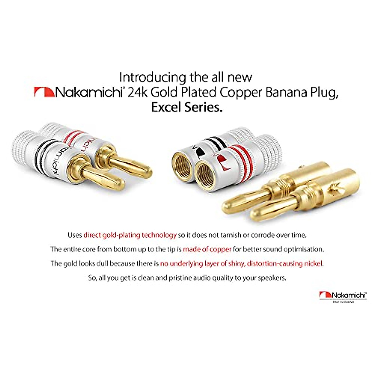 Nakamichi Excel Series 24k Gold Plated Banana Plug 12 AWG - 18 AWG Gauge Size 4mm for Speakers Amplifier Hi-Fi AV Receiver Stereo Home Theatre Radio Audio Wire Cable Screw Connector 4 Pcs (2-Pairs)