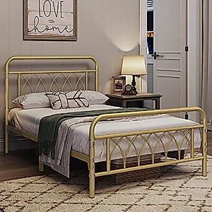 Yaheetech Twin Bed Frame Metal Platform Bed with Petal Accented Headboard/Footboard/14.4 Inch Under Bed Storage/No Box Spring Needed,Antique Gold