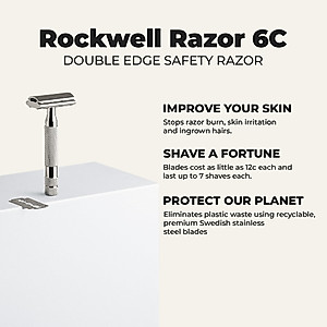 ROCKWELL RAZORS 6C White Chrome Safety Razor With 6 Adjustable Shave Settings and 5 Fully Recyclable Razor Blades Reusable Safety Razors for Men and Women