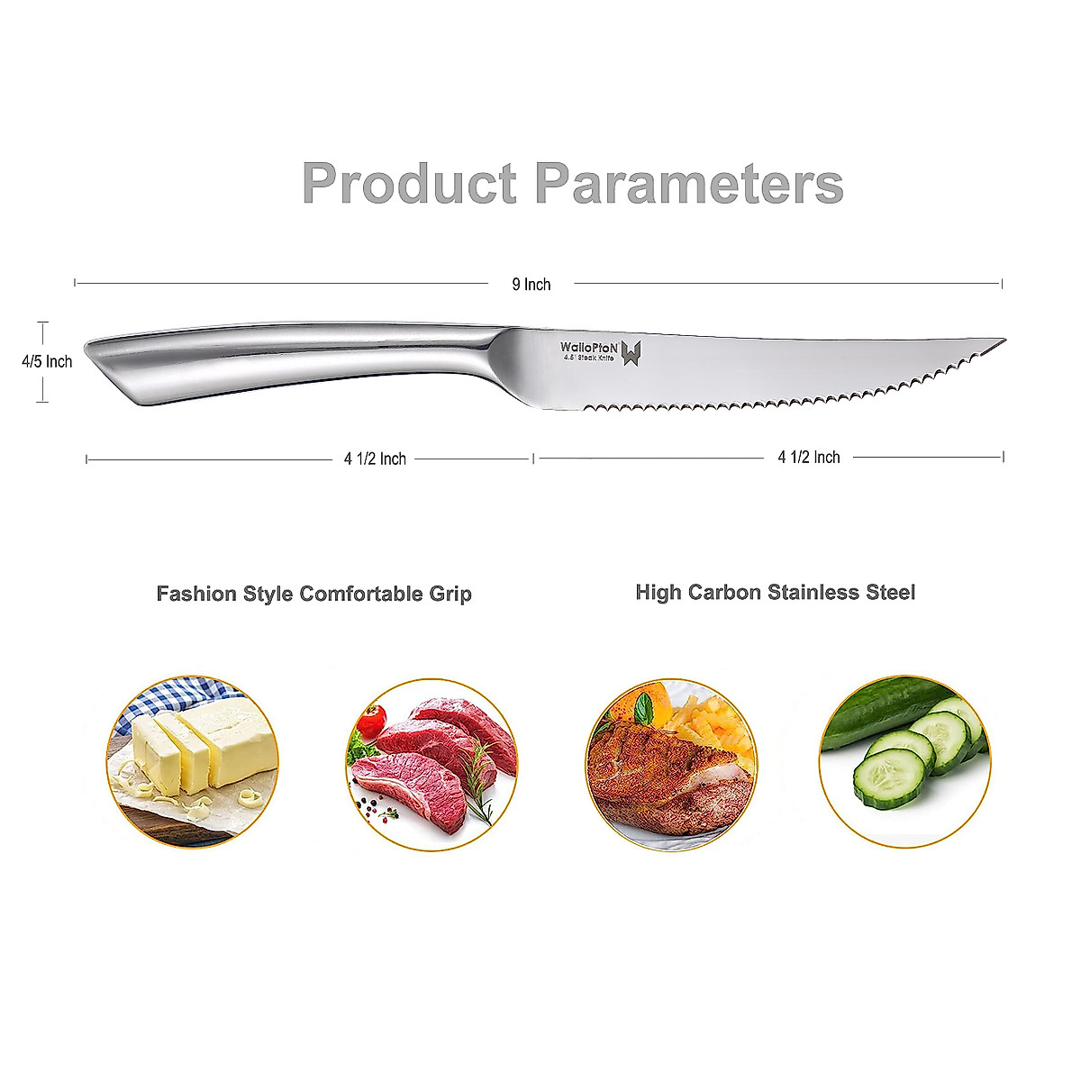 WALLOPTON Steak Knives Set of 8 - High Carbon Stainless Steel, Dishwasher Safe - Polished Blade & Handle, Straight Edge - 4.5'' Kitchen Dinner Table Knife Set Non Serrated