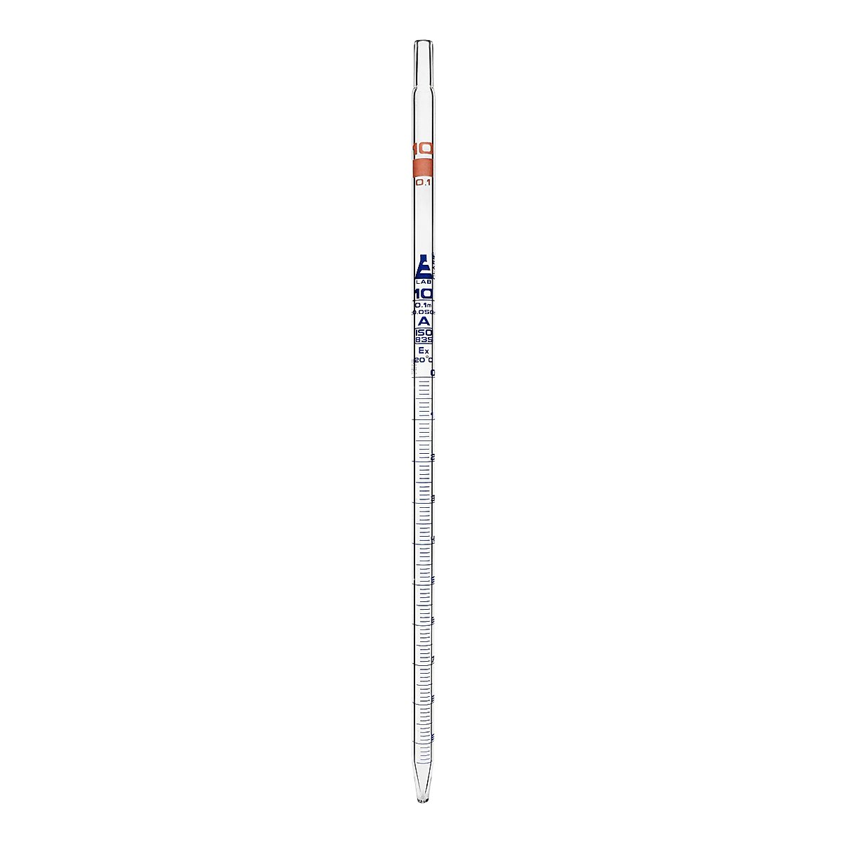 EISCO Serological Pipette, 10ml - Class A, Tolerance ±0.050ml - Blue Graduations - Color Code, Orange - Calibrated for Delivery to Jet - Borosilicate Glass