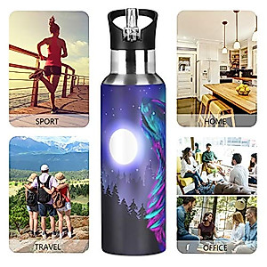 Galaxy Animal Wolf Abstract Water Bottle Vacuum Insulated Stainless Steel Thermos Mug Kids Water Bottle with Straw and Handle Keep Hot Cold Sport Bike Fit Travel Outdoor 20 oz
