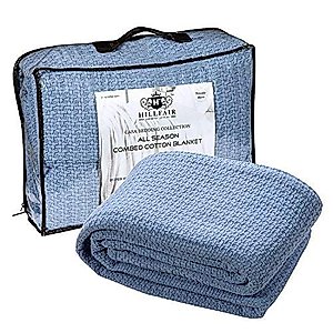 HILLFAIR 100% Cotton Throw Blankets- 50 x 60 inch- Skin Friendly, Soft, Lightweight and Breathable Throw Blanket Luxury Cotton Throws for Bed, Couch and Sofa, All Season Cotton Throw Blankets- Blue