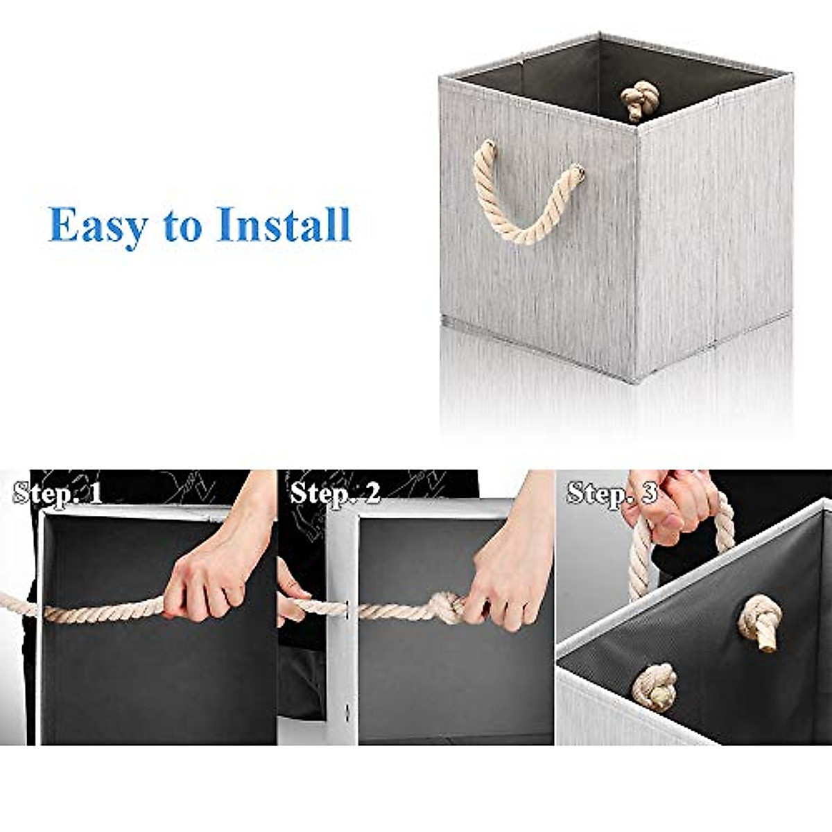 BeigeSwan Foldable Bamboo Fabric Storage Bins [set of 4] with Cotton Rope Handles, Collapsible Organizer Boxes Basket - 10.5 x 10.5 x11 inch (Gray)