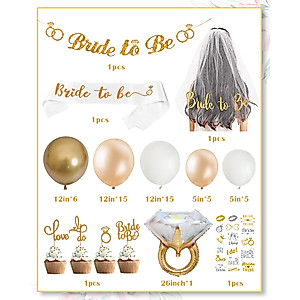 Bachelorette Party Decorations, Bridal Shower Decorations for Engagement Wedding Parties, 52pcs Bride To Be Party Supplies Kit with Sash, Veils, Banner, Cake Toppers, Temporary Tattoos & Gold Balloons