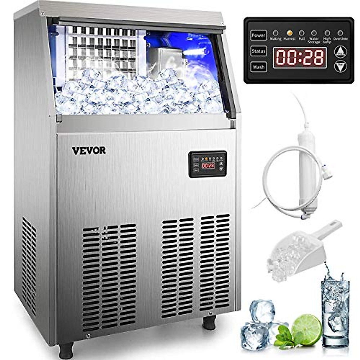 VEVOR Commercial Ice Maker Machine, 120-130LBS/24H with 33LBS Bin, Stainless Steel Automatic Operation Commercial Ice Maker & Perfectware - PW Icebags-DS-100ct 10lb Ice Bags with Drawstring-100ct
