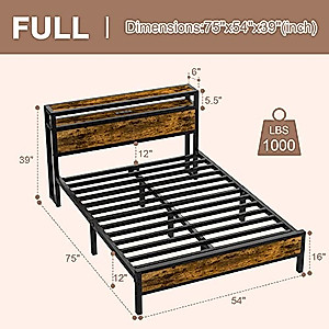 Codesfir Full Size Bed Frame Industrial Platform Bed with Charging Station 2-Tier Storage Headboard and Strong Support Legs, Noise-Free, No Box Spring Needed, Vintage Brown