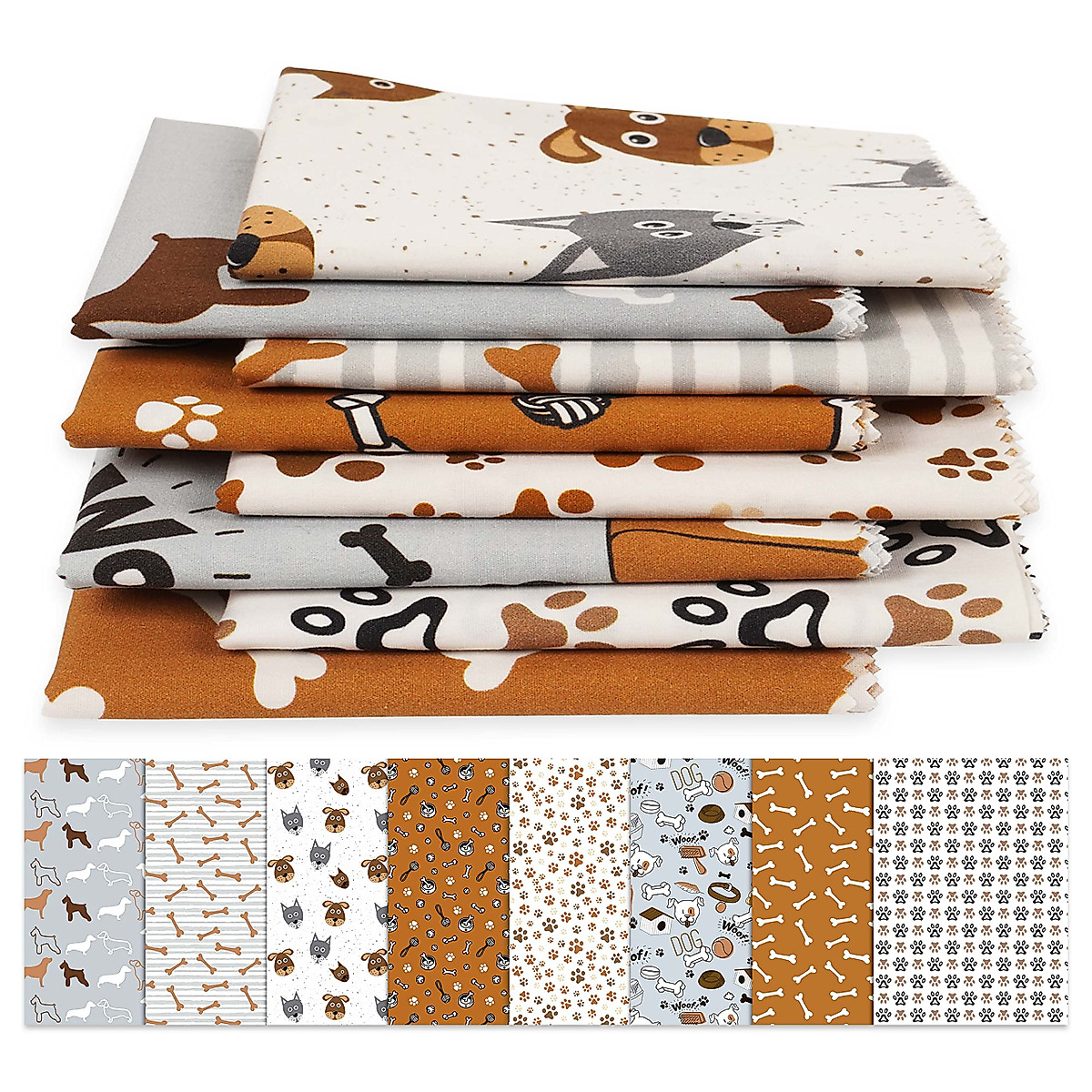 Soimoi 8 Pc Fat Quarter Bundle- Dog Print 18"x 22" DIY Patchwork- 100% Cotton Pre-Cut Quilting Fabric Gray-White- Brown