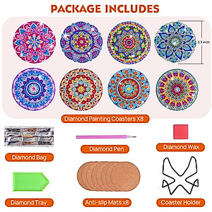8 Pcs Diamond Art Coasters, Mandala Diamond Painting Kits for Adults Kids Beginners, Diamond Painting Coasters Art Craft Supplies for Birthday Gift