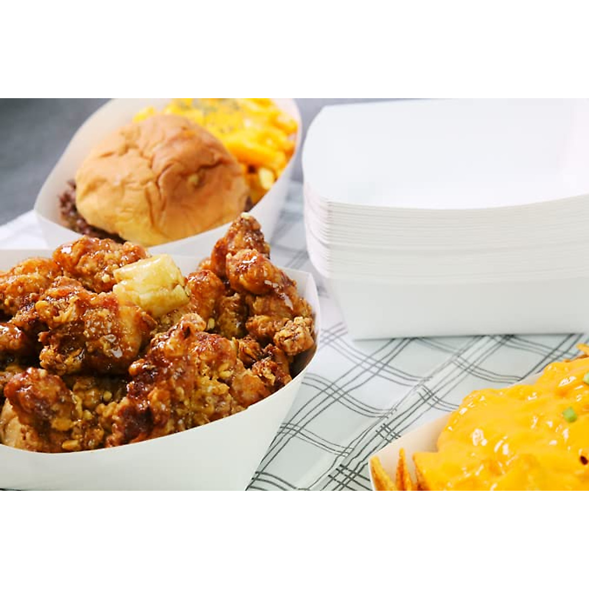 FEXTA Paper Food Serving Tray No.3 - (50 Pack) Disposable Boats Eco Friendly Hot Dog Nacho Cheese Ball Pilaf Pasta Chicken Trays Baskets for Restaurant Fast Food Party