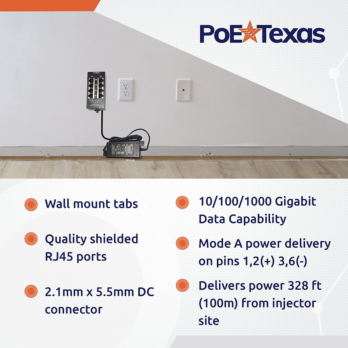 PoE Texas 4 Port PoE Injector - Gigabit Passive Power Over Ethernet with 48V 48W UL Power Supply - 802.3af PoE Injector for VoiP Phones, WiFi Access Points, IP Cameras - Add PoE to Any Switch