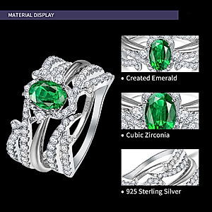 Yaresul 3pcs Silver Cubic Zirconia Wedding Ring Set for Women 5 * 8mm 925 Sterling Silver Green Created Emerald Ring Bridal Set Size 7
