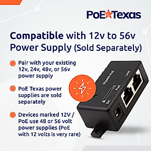 Poe Texas PoE Injector - Single Port Power Over Ethernet Passive PoE Adapter - 10/100/1000 Gigabit Data Accepts 12v to 56v DC - Plug & Play Home Office VoIP Phone WiFi AP - Power Supply Not Included
