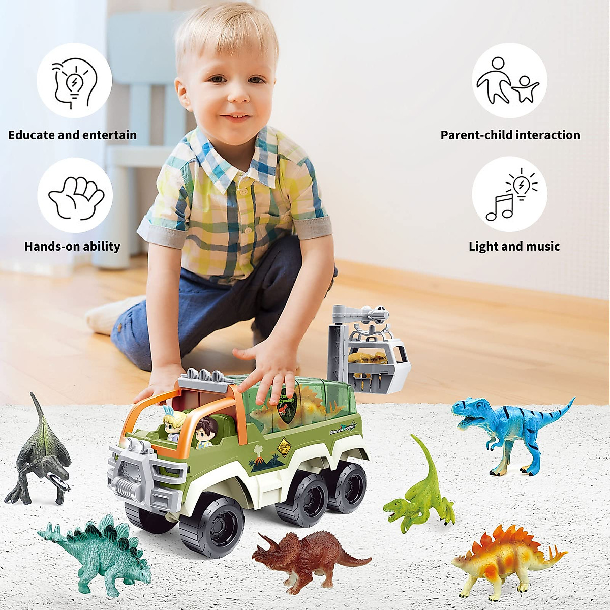 Happytime Dinosaur Transport Truck Toy Car Carrier Toy Vehicle Car Dinosaur Playset for 3,4,5,6 Year Toddlers Kids Boys with Sound & Light