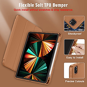 ZryXal New iPad Pro 12.9 Inch Case 2022/2021/2020(6th/5th/4th Gen) with Pencil Holder,Smart iPad Case [Support Touch ID and Auto Wake/Sleep] with Auto 2nd Gen Pencil Charging (Brown)