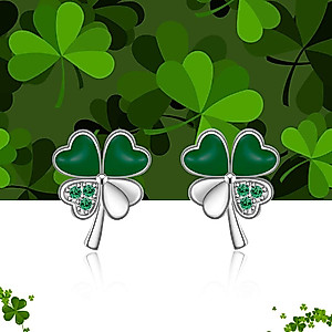 S925 Sterling Silver Heart Four Leaf Clover Shamrock Earrings for Women Irish Emerald Crystal Piercing Stud Charm Valentine ST Patricks Day Earring