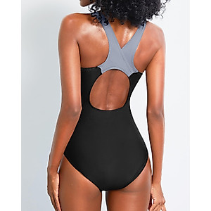 Tempt Me Women One Piece Swimsuits Athletic Racerback Swimwear Training Exercise Slimming Bathing Suit Black Gray XL