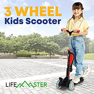 Kids Scooter – Foldable Seat – LED Wheel Lights Illuminate When Rolling – Children and Toddler 3 Wheel Kick Scooter – Adjustable Handlebar – Indoor and Outdoor- Pink - by Lifemaster
