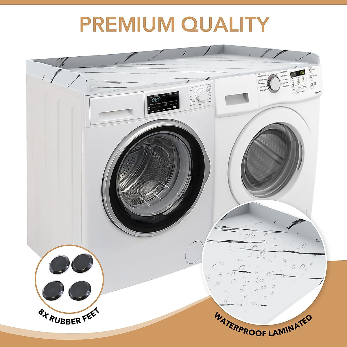 ImportNomad Washer Dryer Countertop - Laundry Wood Cover Edge Rails - Durable - Melamine & Non-Slip feet | Protector Organizer - encimera para lavadora y secadora - White Marble 27.5in x 54in x 3.5in