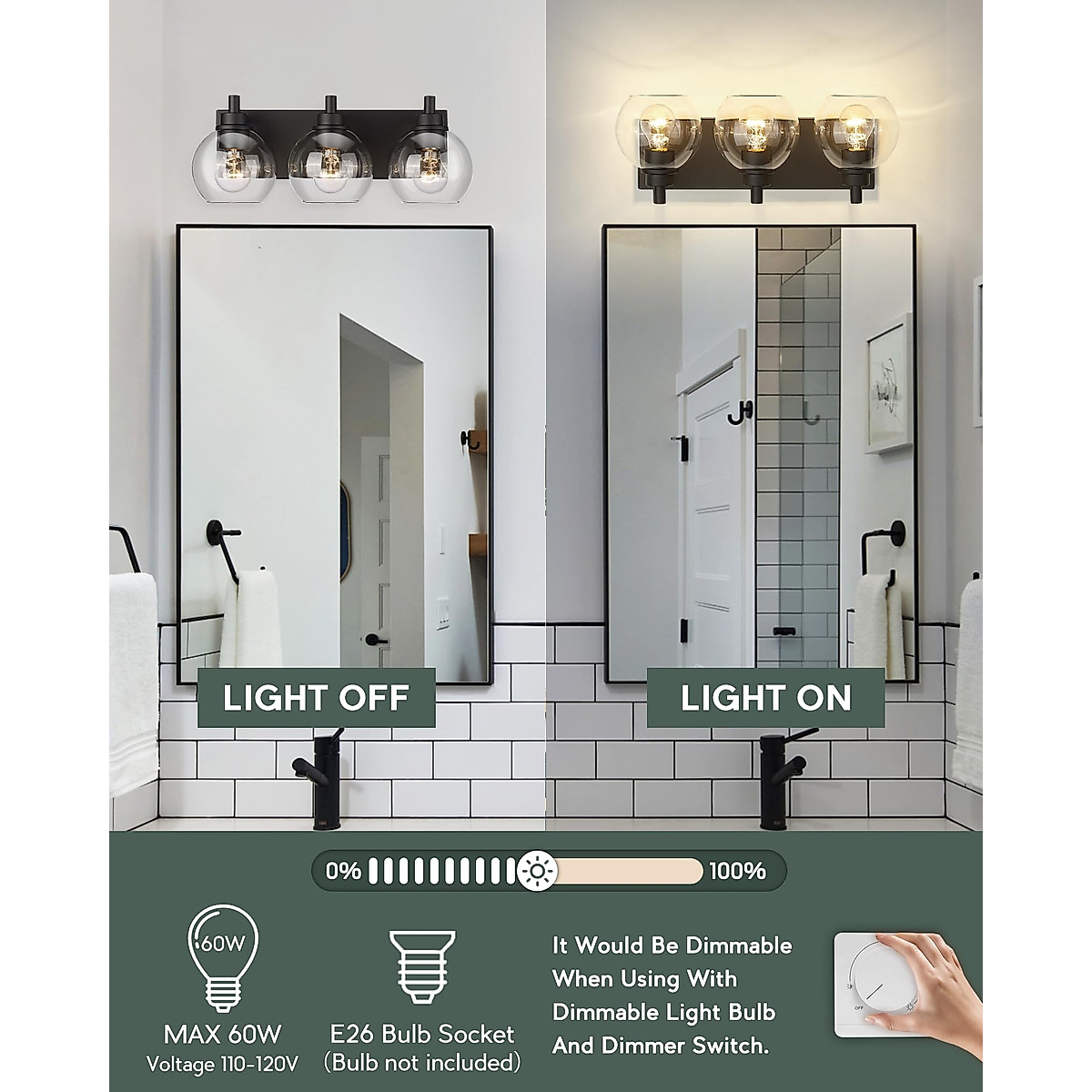 METWET Bathroom Light Fixtures, 3-Light Matte Black Vanity Light, Modern Wall Sconces with Clear Glass Globe Shade, Bathroom Wall Lights for Mirror Kitchen Bedroom Hallway, VL195-MB-3