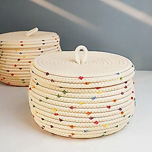 PLUT Storage Basket with Lid, Handmade Cotton Rope Storage Box Large Capacity Multipurpose Home Desktop Makeup Organizer Snack Box