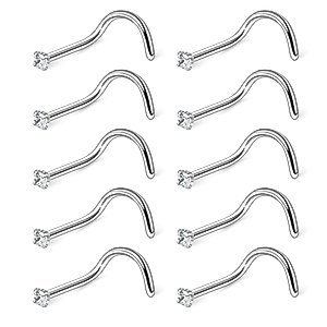 Ruifan 10PCS 20G Surgical Steel Clear Diamond CZ Nose Stud Rings Screw Piercing Jewelry 1.5mm