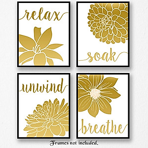 Simple Relax Soak Unwind Breathe Gold Blend Floral Prints, 4 (8x10) Unframed Photos, Wall Art Decor Gifts for Home Office Salon Lounge Bathroom School College Student Coach Yoga Garden Flowers Fan