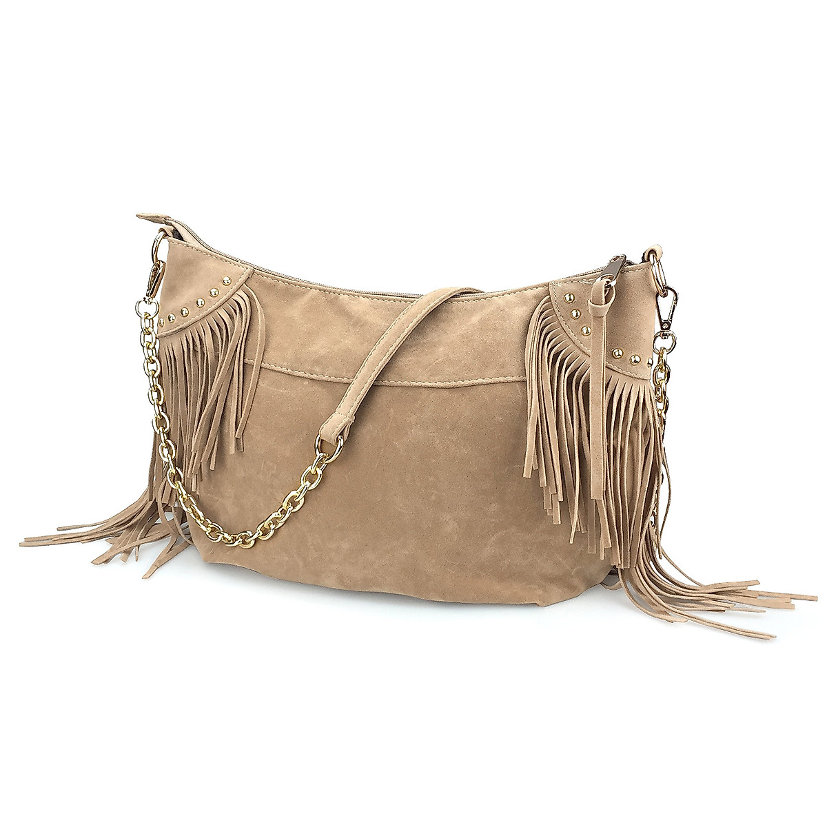 HOXIS Studded Tassel Faux Suede Leather Hobo Cross Body Chain Shoulder Bag Womens Satchel (Khaki)