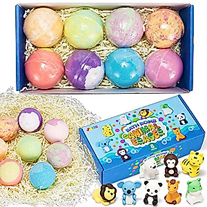 JOYIN Bath Bombs for Kids with Animal Eraser, 8 Pack Bubble Bath Bombs with Surprise Toy Inside, Natural Essential Oil SPA Bath Fizzies Set, Easter Gifts for Boys and Girls