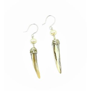 Natural Baroque Pearl and Shell Spike Dangle Earrings, Cultured Pearl, Natural Shell, Sterling Silver Ear Wire, Pearl White, Handmade -2~2 1/4 Inches Long with Ear Wire