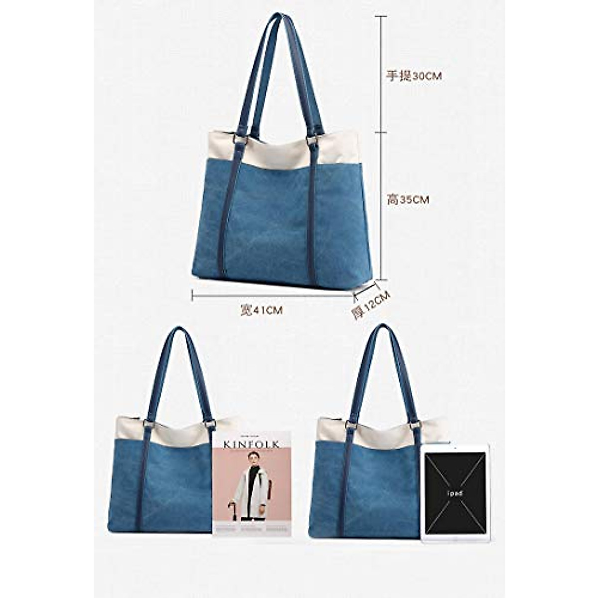 Womens Tote Bag Hobo Handbags Casual Satchel Canvas Shoulder Bag Shopper Travel Purses Blue