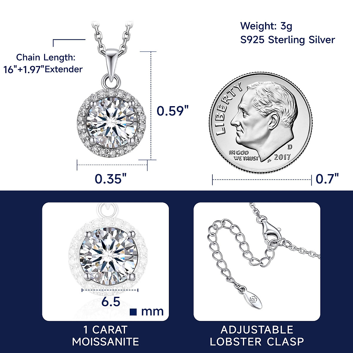 MomentWish Moissanite Necklace for Women, Birthday Gifts for Women, 1Carat Simulated Diamond Pendant 925 Sterling Silver Necklace, Halo Necklace Valentine's Day Christmas Gift