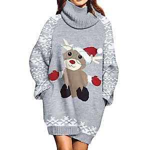 Pink Queen Women Turtleneck Loose Christmas Elf Print Long Sweater Dress with Pockets L Gray