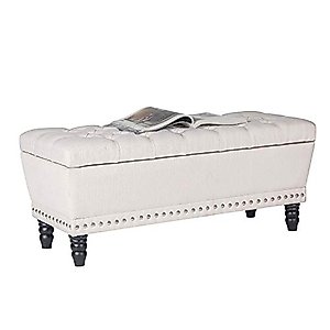Homebeez Storage Ottoman Bench Tufted Foot Rest Stool with Nailhead Trim (Beige)