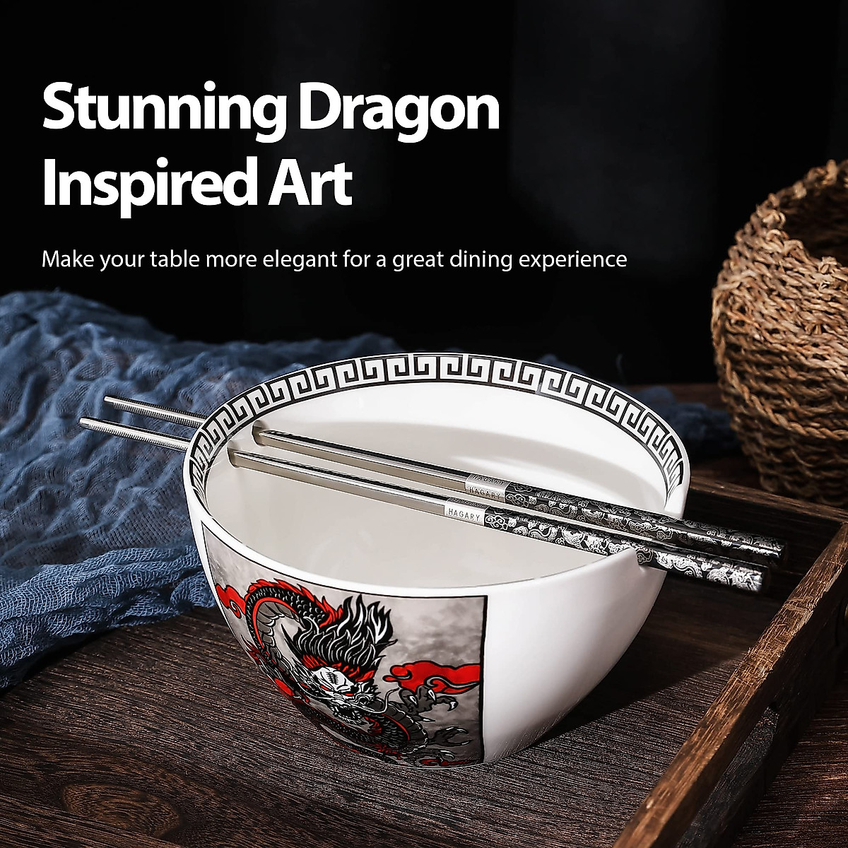 Hagary Dragon Ramen Bowl with Chopsticks Ceramic Bowl Stainless Steel Chopsticks Japanese Style Udon Miso Noodle Soup Bowls Housewarming Wedding Gifts Designed in Korea (Black, 20oz)
