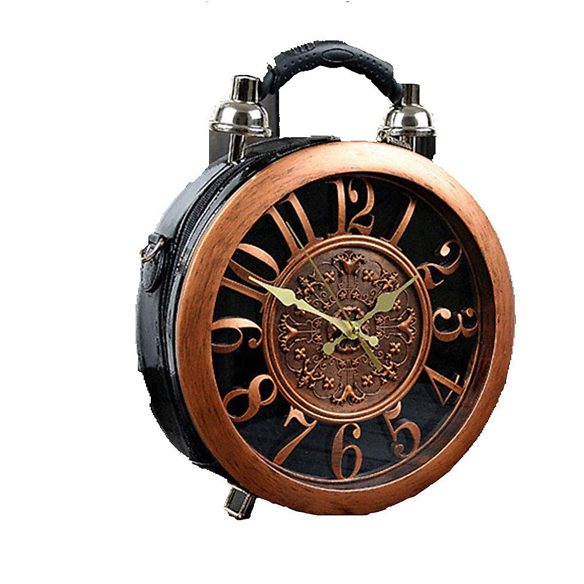 Alarm Clock Handbag Real Working Women Fashion Diagonal Shoulder Bag Leather Vintage Clock Round Box Personalized SteamPunk Style Messenger bag (A)
