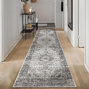 Hallway Runner Rug Washable Carpet: 2x6 Non Slip Vintage Rug with Rubber Backing Long Floor Mat for Kitchen Laundry Entryway Bathroom (Grey, 2'x6')
