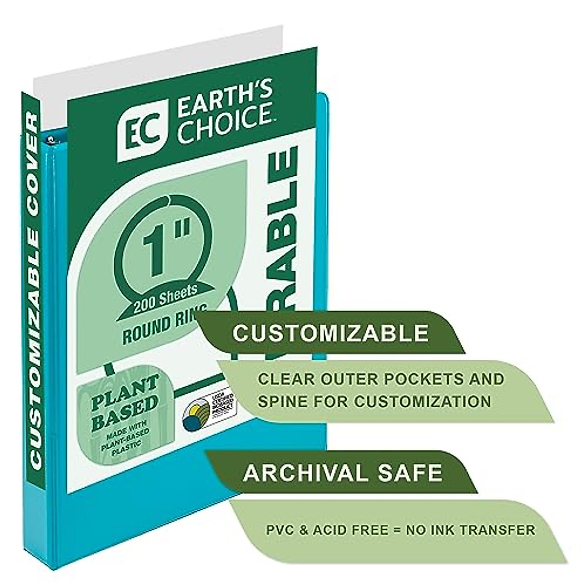 Samsill Earth’s Choice Biobased Durable Fashion Color 3 Ring View Binder, 1 Inch Round Ring, Up to 25% Plant Based Plastic, USDA Certified Biobased, Turquoise, Value Two Pack