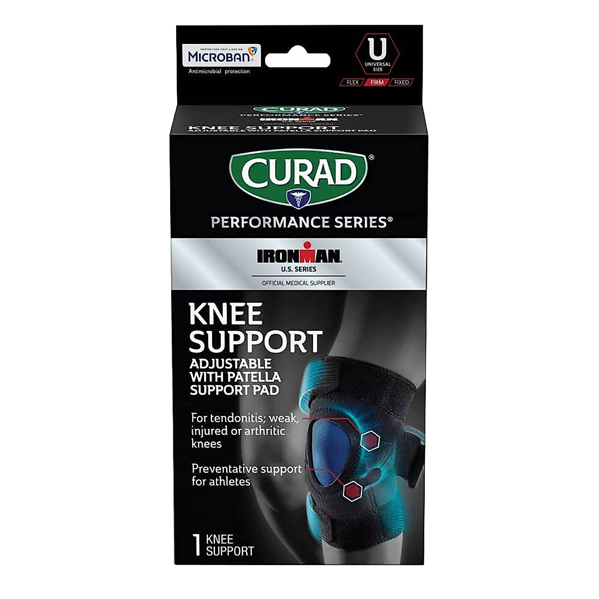 Curad Performance Series Ironman Knee Support, Adjustable with Patella Support Pad, for Tendonitis, Weak, or Injured Knees, Preventative Support for Athletes